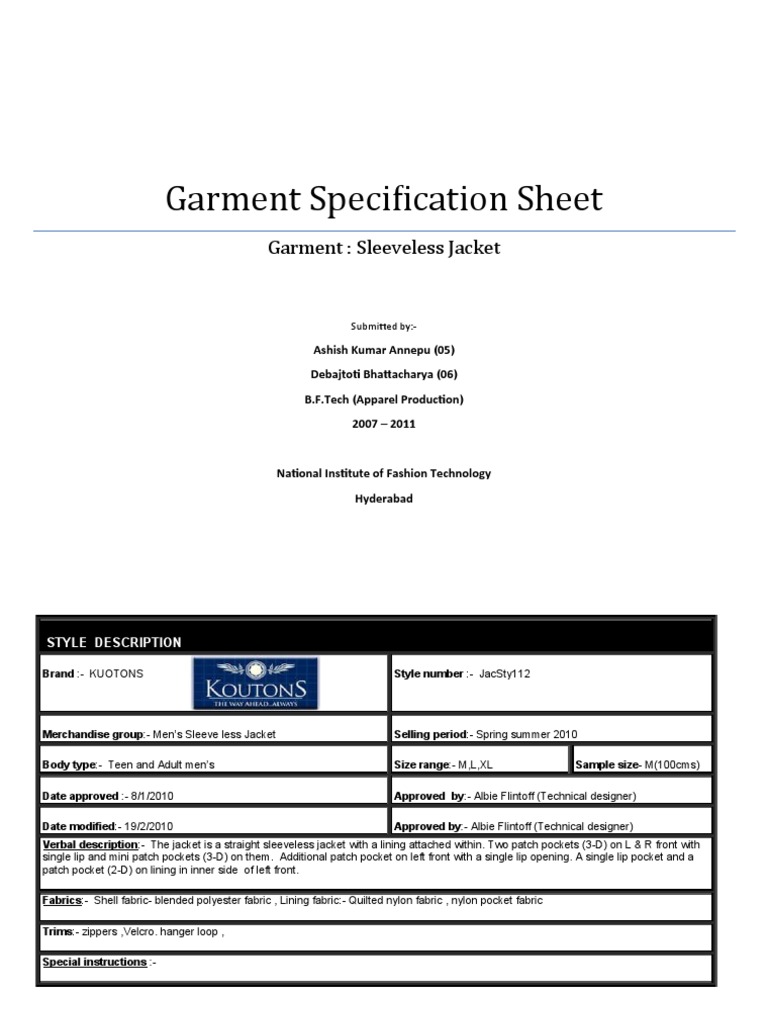 Garment specification sheet | Yarn | Textiles