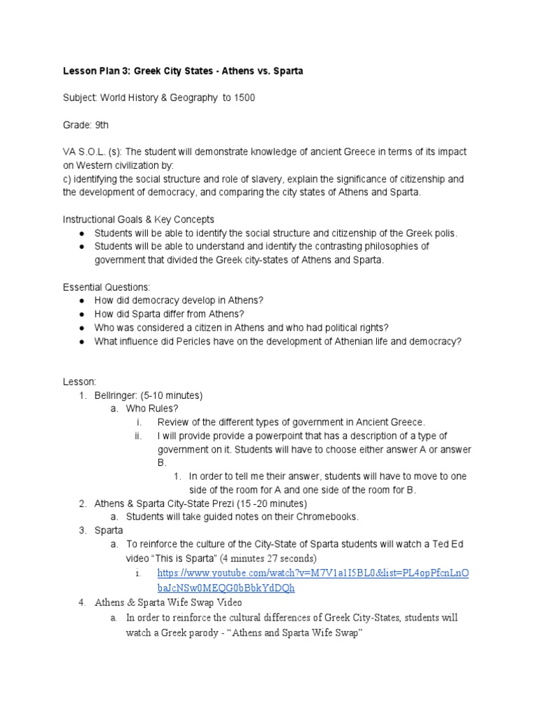 Lesson Plan 3: Greek City States - Athens vs. Sparta | PDF | Ancient ...