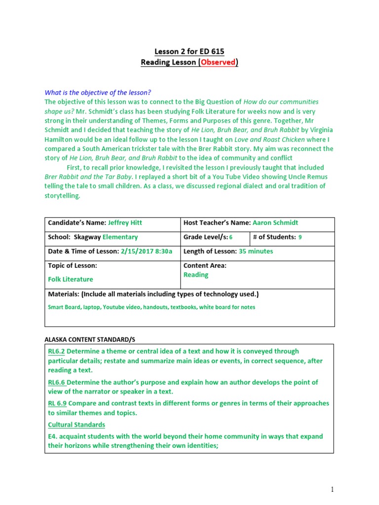 6th Grade Folk Literature Lesson | PDF | Reading Comprehension | Folklore