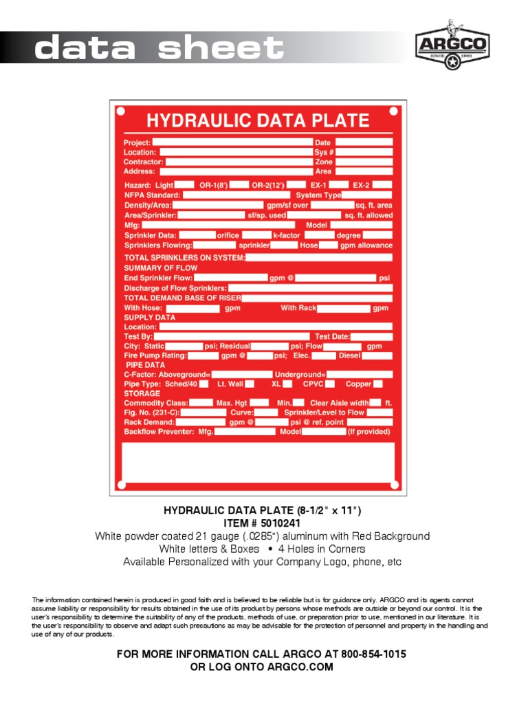 Hydraulic Data Plate: Detailed Specifications and Customization Options ...