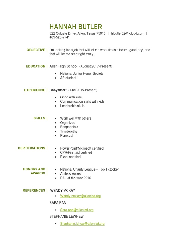 Hannah Butler's Job Application Resume | PDF
