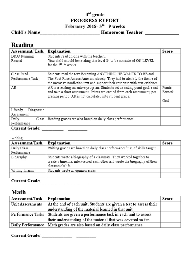 Reading: 3 Grade Progress Report February 2018-3 9 Weeks Child's Name ...