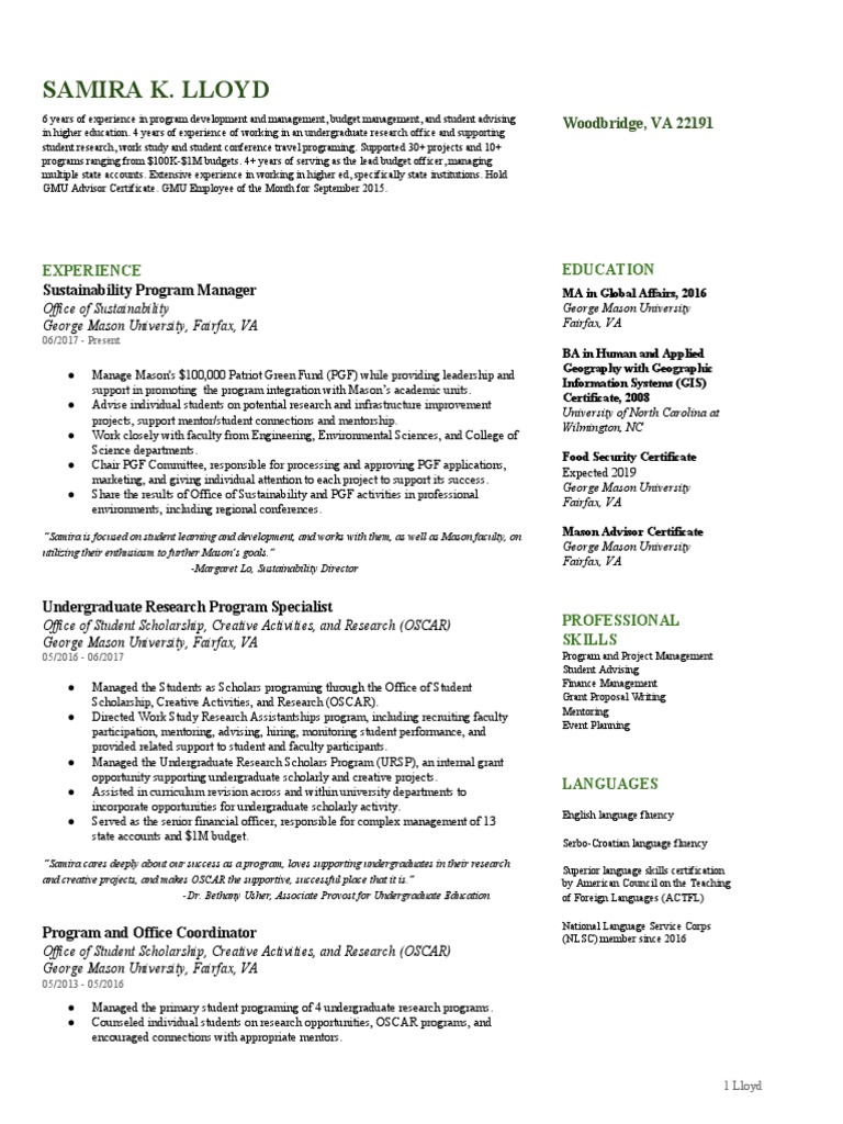 Samira K. Lloyd: Higher Ed Program Manager | PDF | George Mason ...
