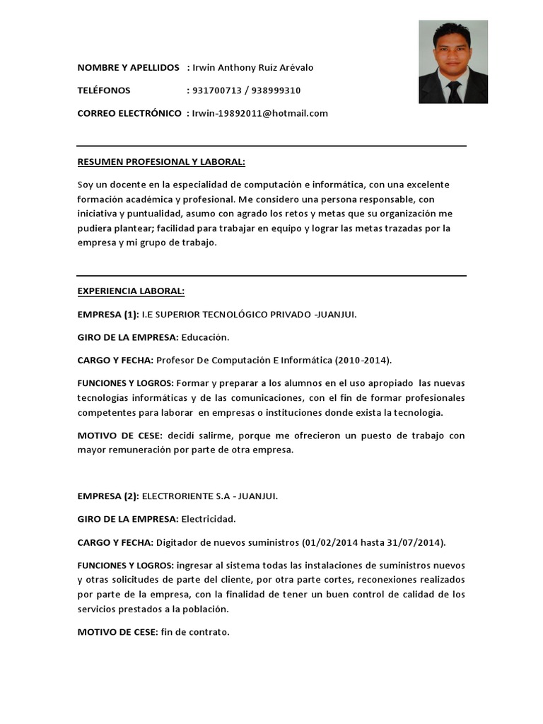 Cv. Irwin Anthony Ruiz Arevalo | PDF | Maestros | Calidad (comercial)