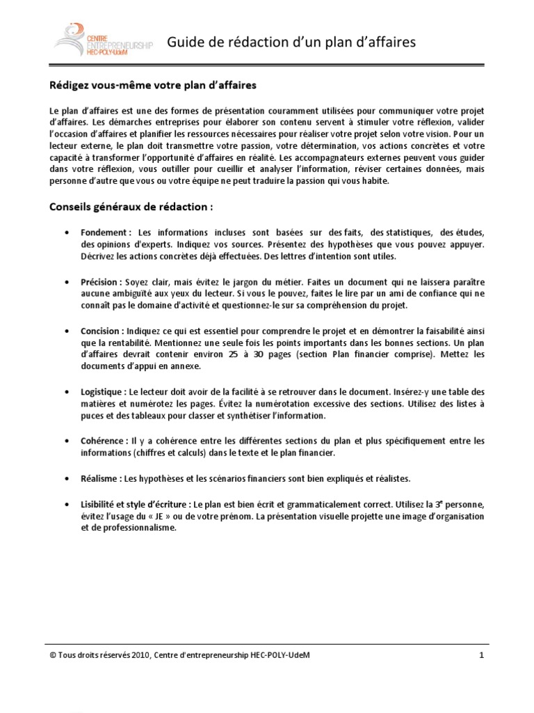 Guide de Rédaction D'un Plan D'affaires | PDF | Plan d'affaires | Actionnaire