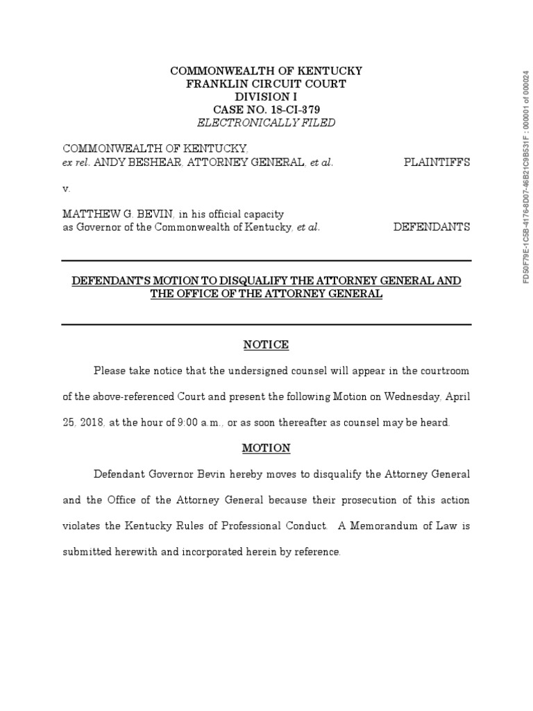 Motion To Disqualify | PDF | Attorney General | Kentucky