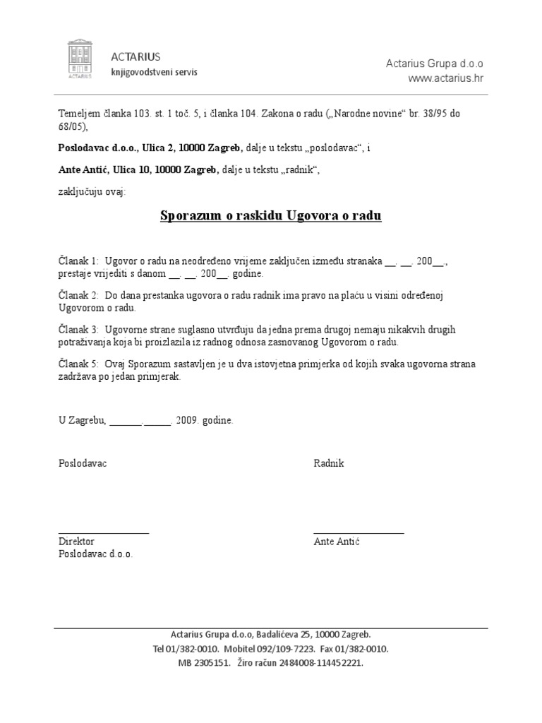 Sporazum o Raskidu Ugovora o Radu | PDF