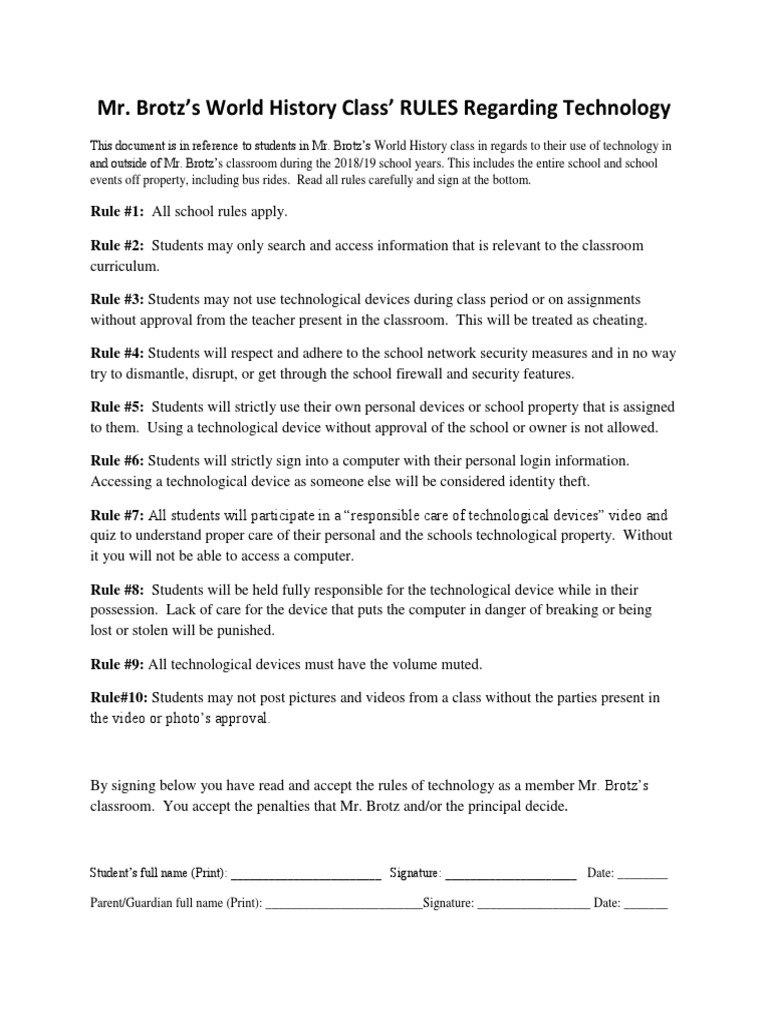 Mr. Brotz's World History Class' RULES Regarding Technology | PDF