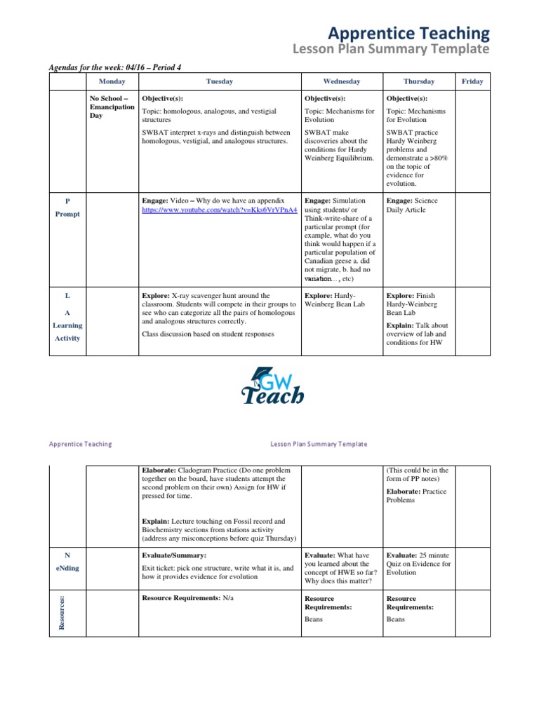 Apprentice Teaching: Lesson Plan Summary Template | PDF | Lesson Plan ...