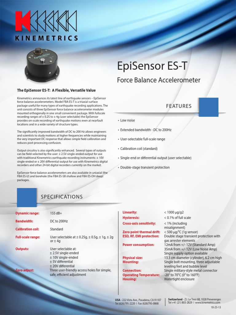 Datasheet Episensor Es T Force Balance Accelerometer Kinemetrics | PDF ...
