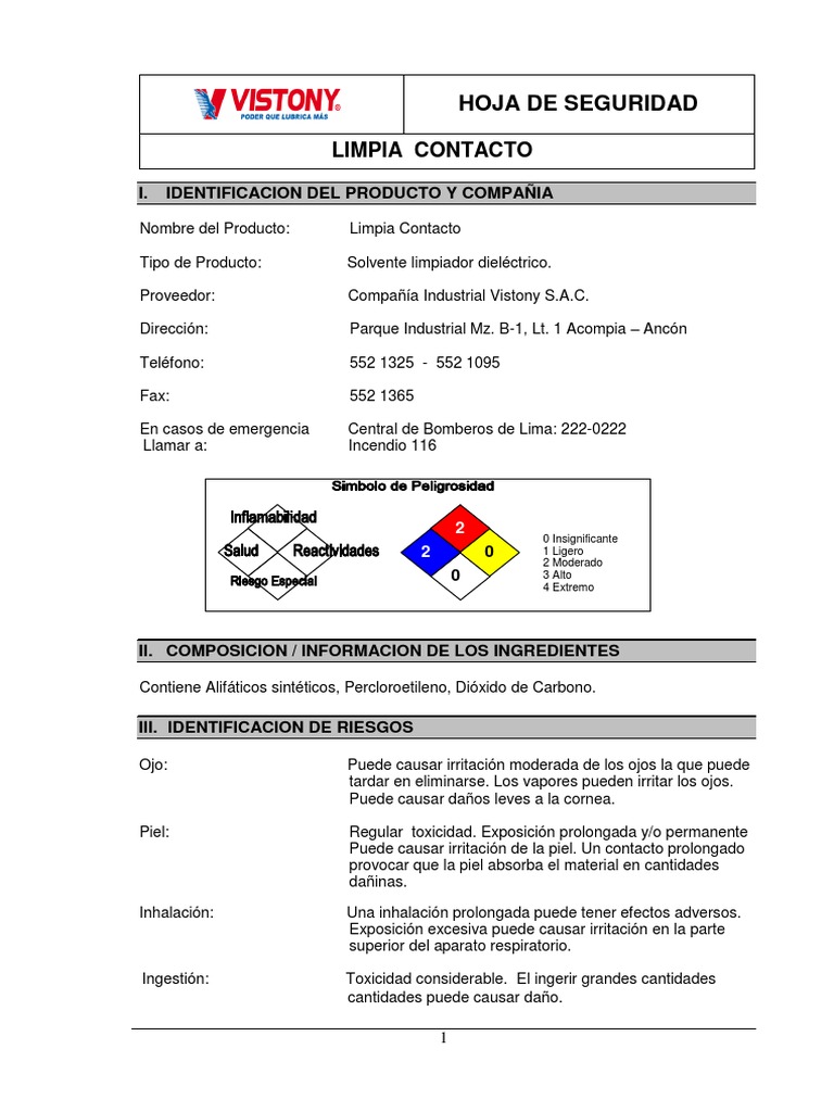 Guía de seguridad para el solvente limpiador dieléctrico Limpia Contacto | PDF | Toxicidad | Agua