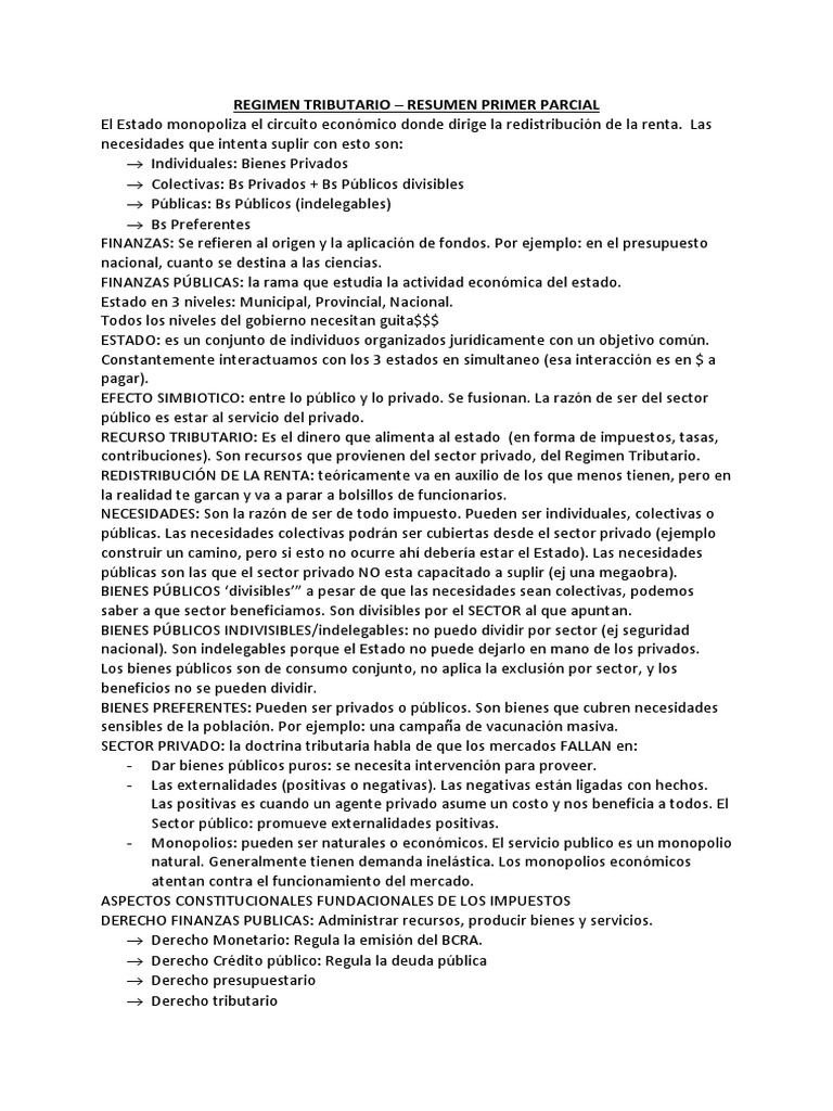 Regimen Tributario - Resumen Primer Parcial | PDF | Impuestos | Economias