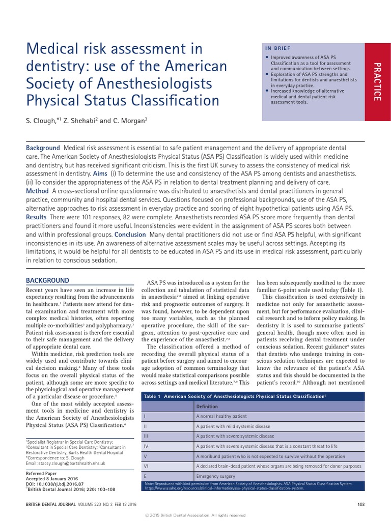 Medical Risk Assessment in Dentistry: Use of The American Society of ...