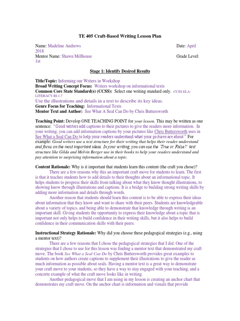 Informational Writing Lesson Plan for 1st Grade | PDF | Mentorship ...