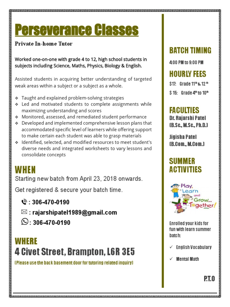 Perseverance Classes: 4 Civet Street, Brampton, L6R 3E5 | PDF | Tutor ...