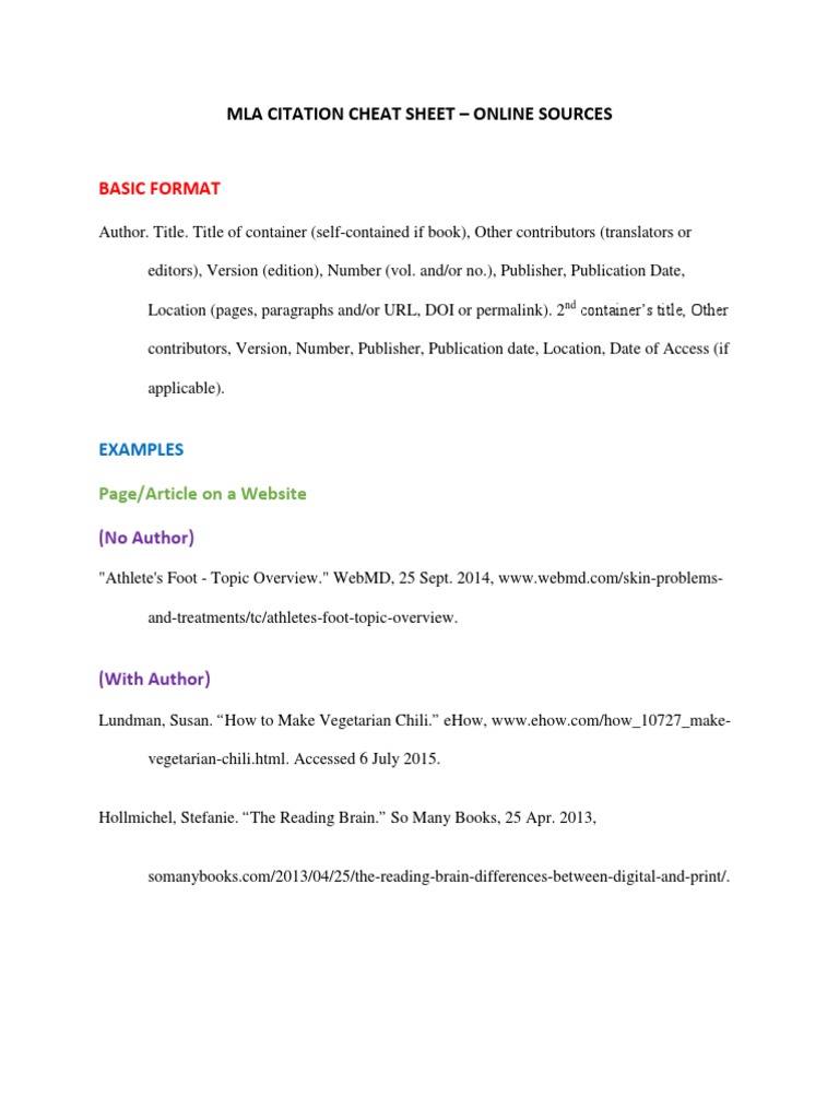 Mla Format Cheat Sheet Purdue Owl | PDF