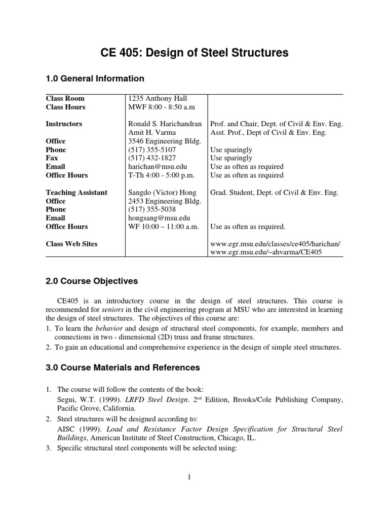 CE 405: Design of Steel Structures: 1.0 General Information | PDF