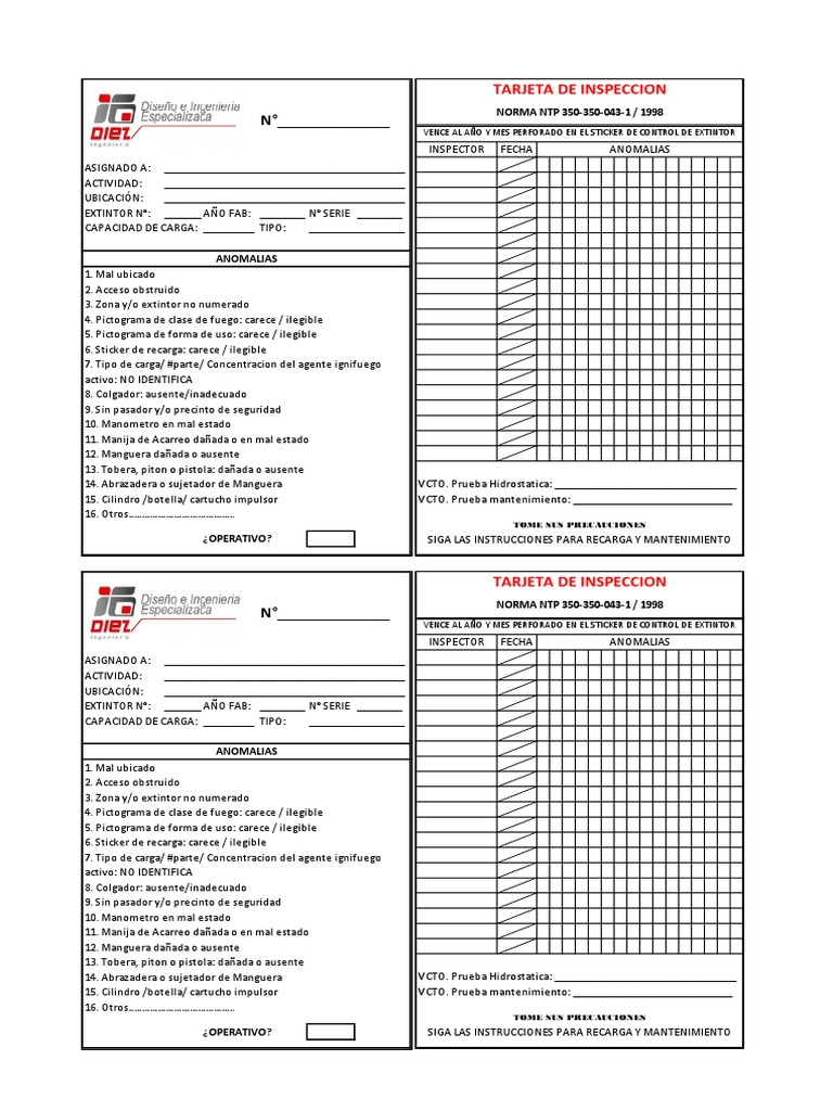 Tarjetas de Inspeccion de Extintores | Naturaleza