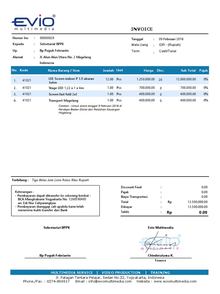Evio Invoice Lunas Rental LED Screen - 9 Februari 2018 | PDF