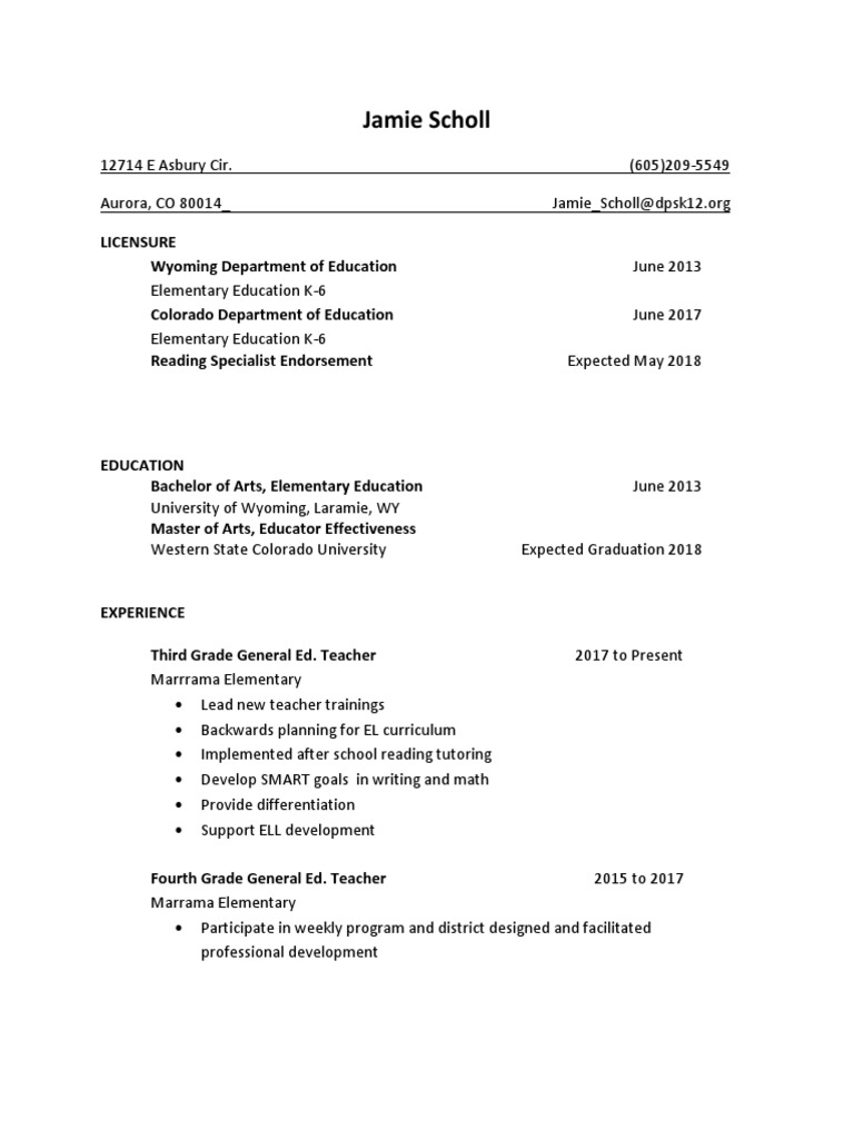 Jamie Scholl Teaching Resume | PDF | Teachers | Educational Assessment