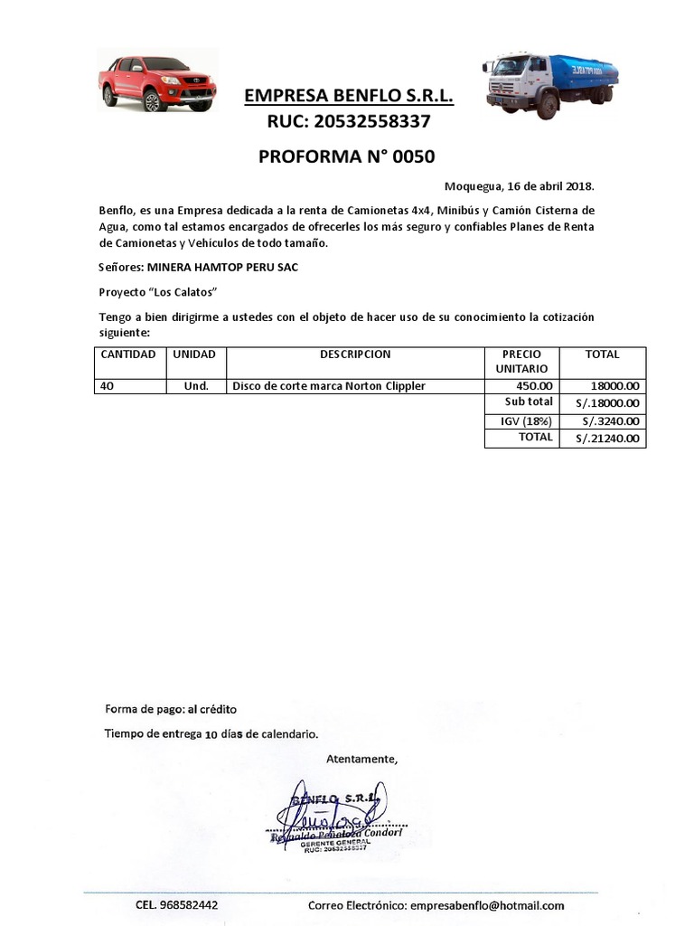 Ejemplos de Proformas | Vehículos | Energía y recursos