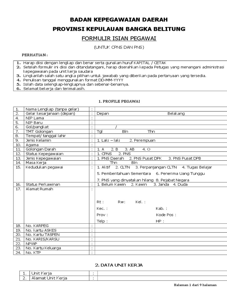 Formulir Isian Data Pegawai | PDF