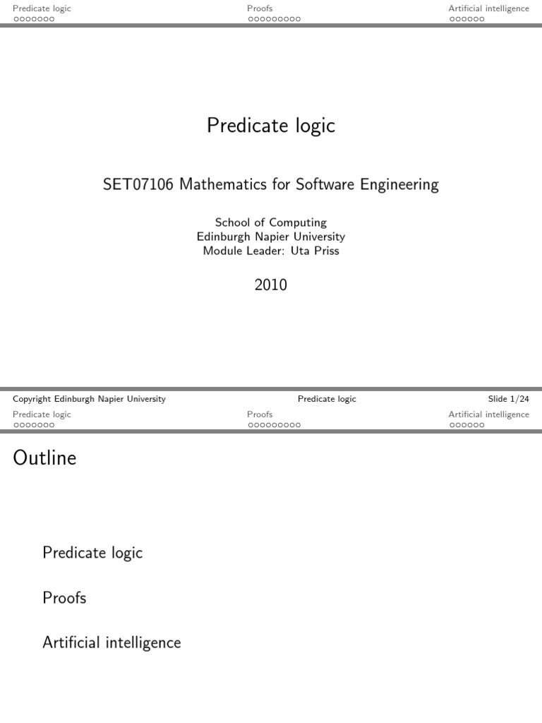 Predicate Logic: SET07106 Mathematics For Software Engineering ...