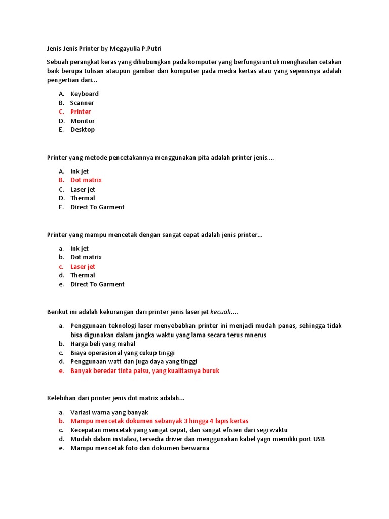 Jenis-Jenis Printer (Perakitan Komputer) | PDF