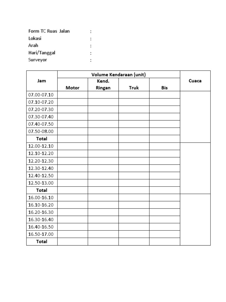 Vehicle Volume Survey Form Template | PDF