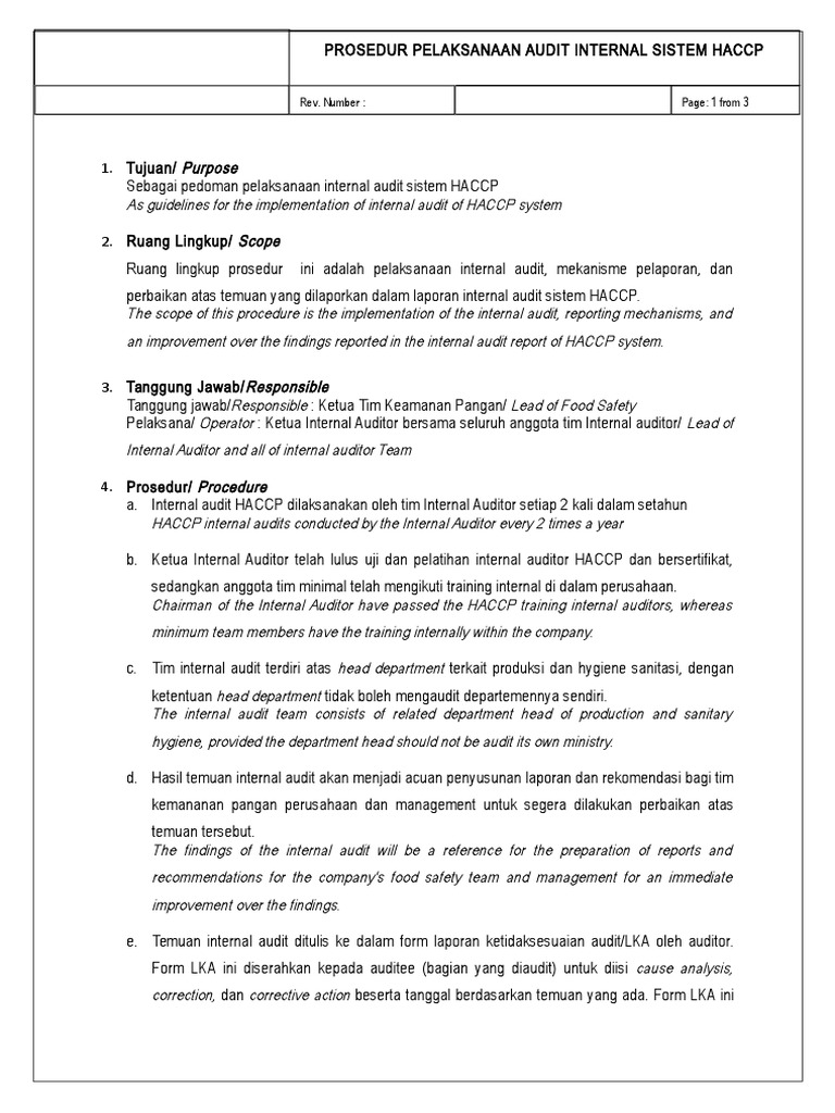 Prosedur Internal Audit Haccp | PDF