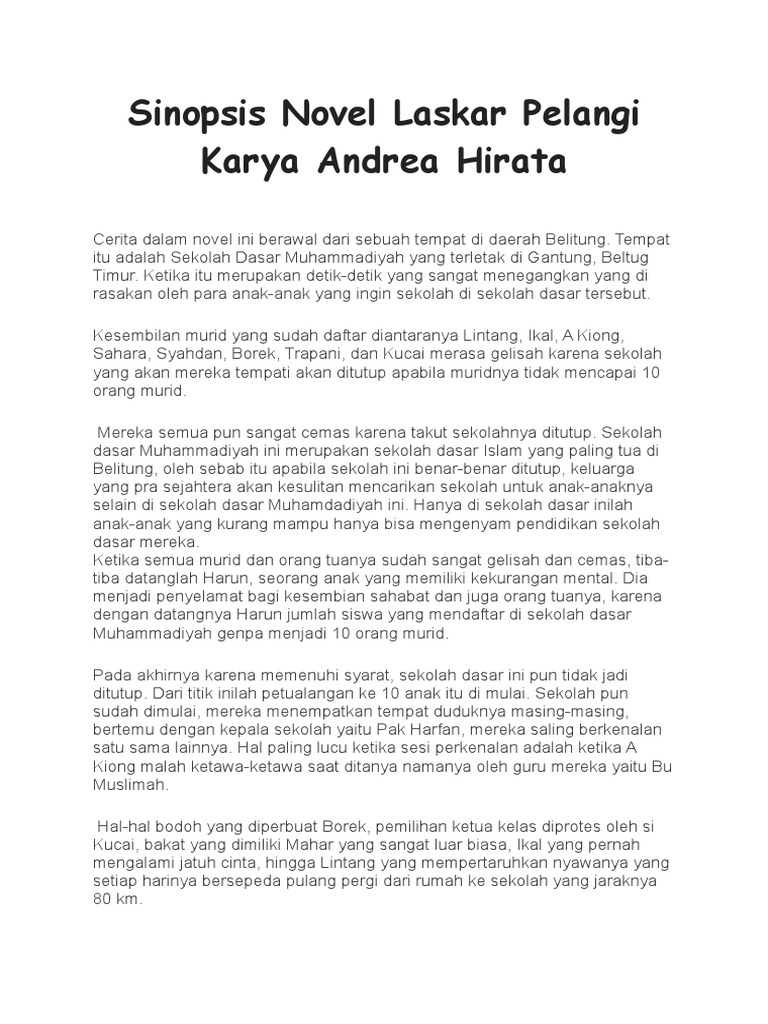 Sinopsis Novel Laskar Pelangi Karya Andrea Hirata | PDF