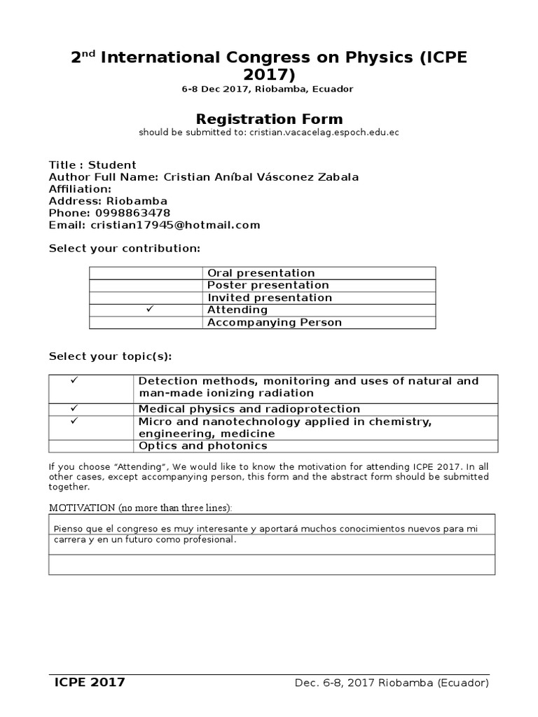 2 International Congress On Physics (ICPE 2017) : Registration Form | PDF