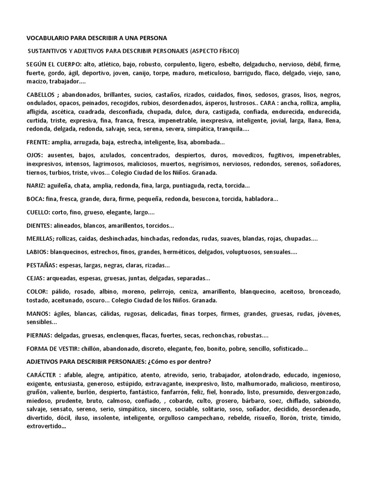 Vocabulario para Describir A Una Persona | PDF | Cocina, comidas y vino ...