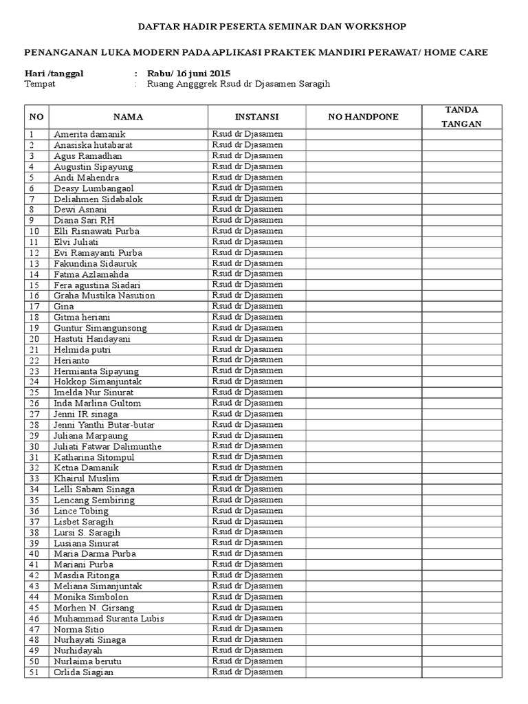 Daftar Hadir Peserta Seminar Dan Workshop | PDF