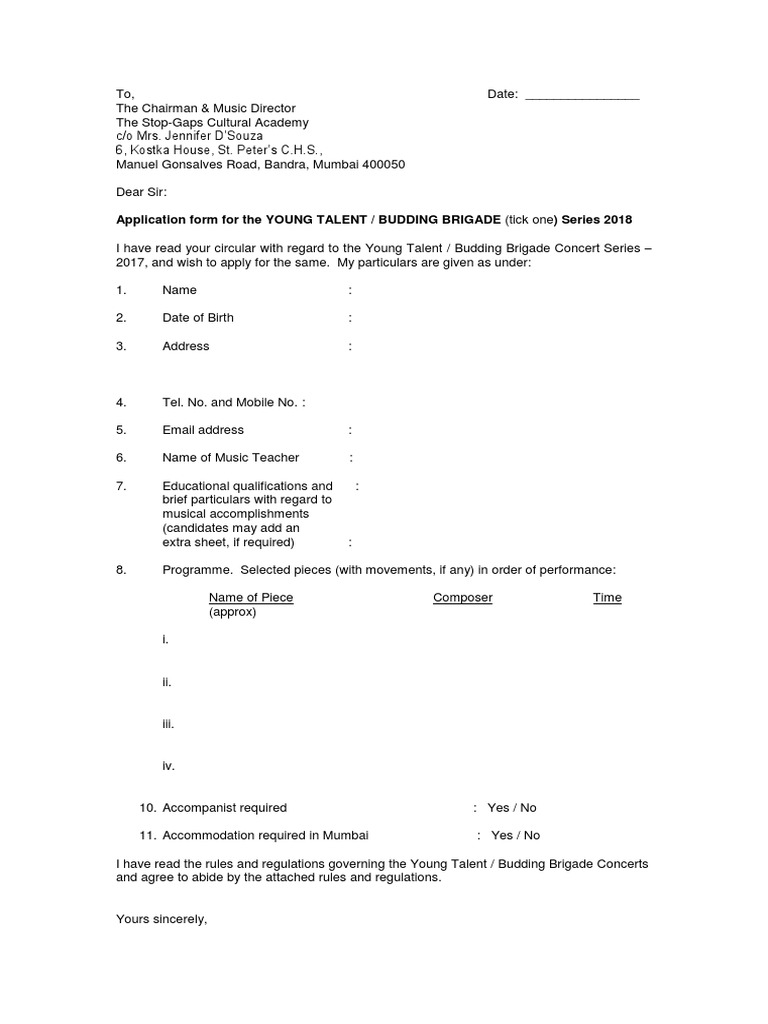 Application Form For The YOUNG TALENT / BUDDING BRIGADE (Tick One ...