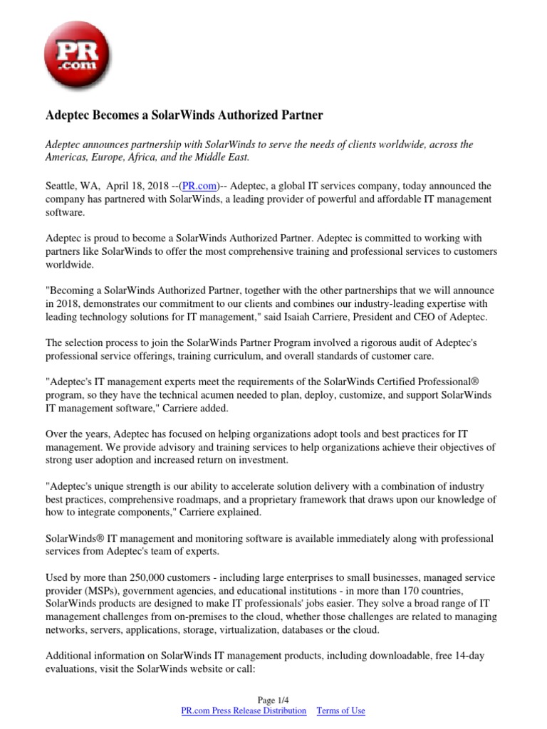 Adeptec Becomes A SolarWinds Authorized Partner | PDF | Cloud Computing | Information Technology