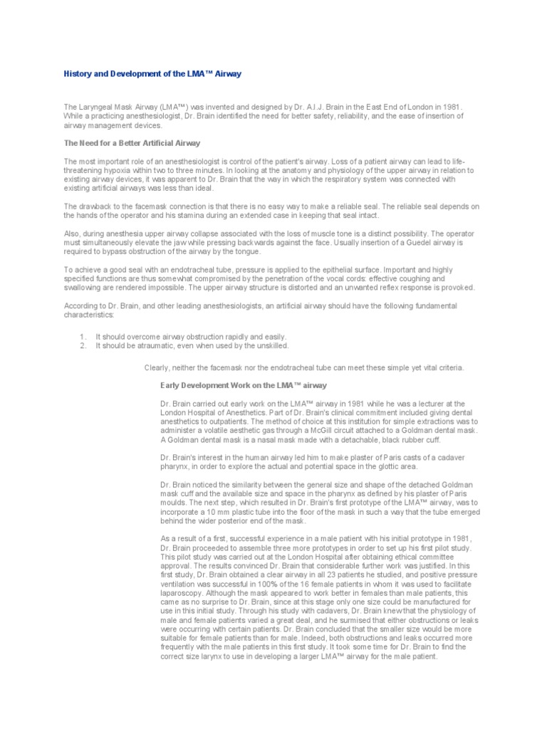 History and Development of The LMA | PDF | Anesthesia | Medical Specialties