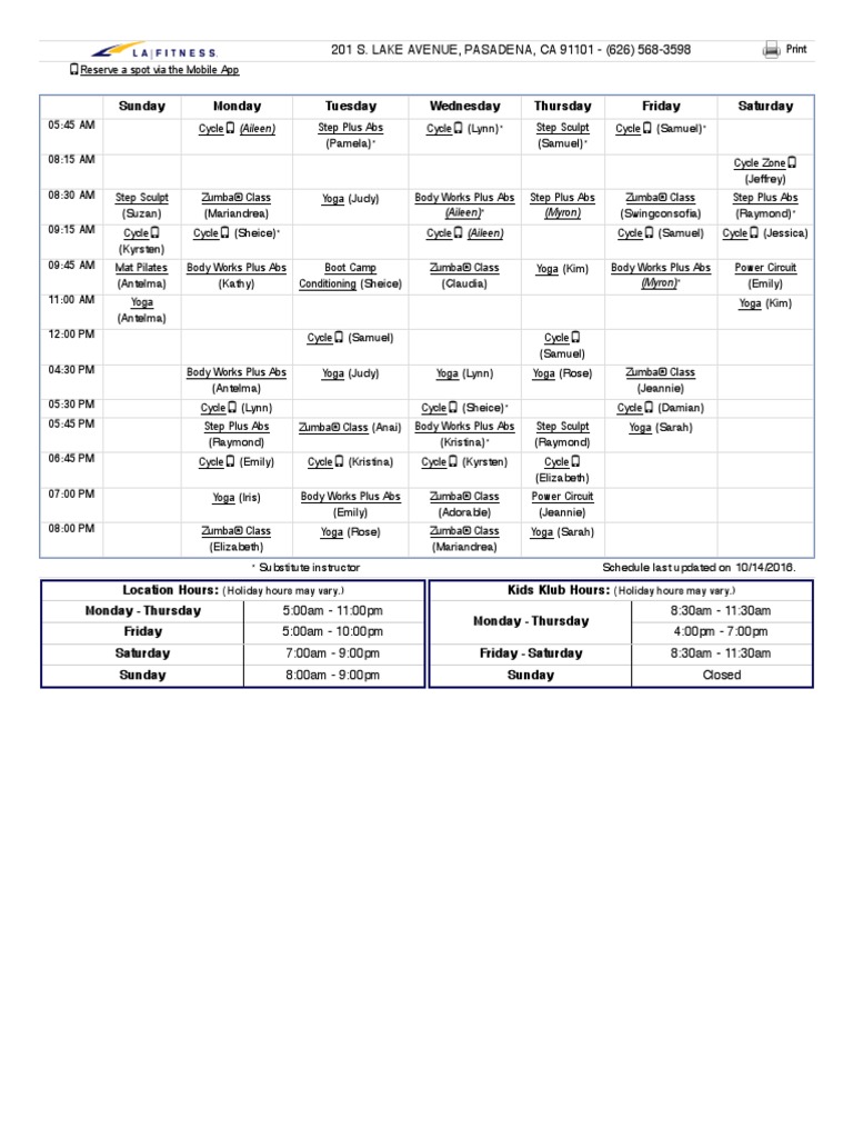 La Fitness Class Schedule (Print Version) - Pasadena - Lake Ave ...