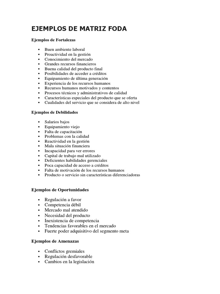 Ejemplos de Items de Matriz Foda | PDF | Mercado (economía) | Gestión de recursos humanos