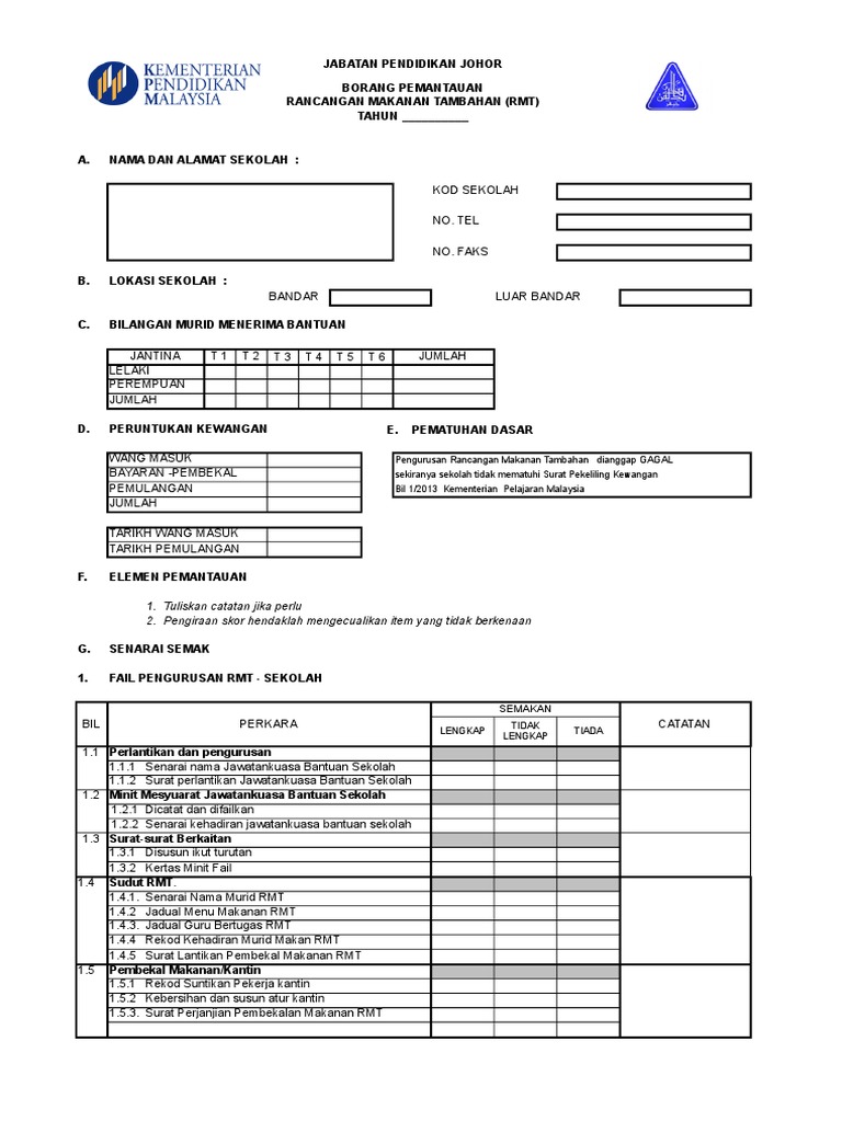 Borang Pemantauan RMT 2013 | PDF