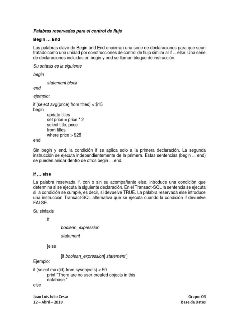 Palabras Reservadas para El Control de Flujo SQL | PDF | Flujo de ...