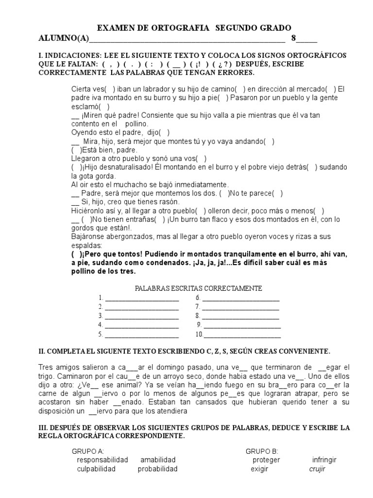 Examen de Ortografía para Segundo Grado | PDF
