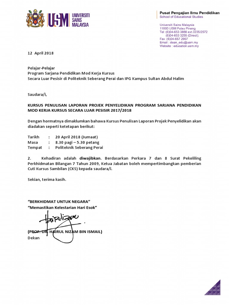Surat Hebahan Kursus Penulisan Projek Penyelidikan - PSP & IPGKSAH | PDF