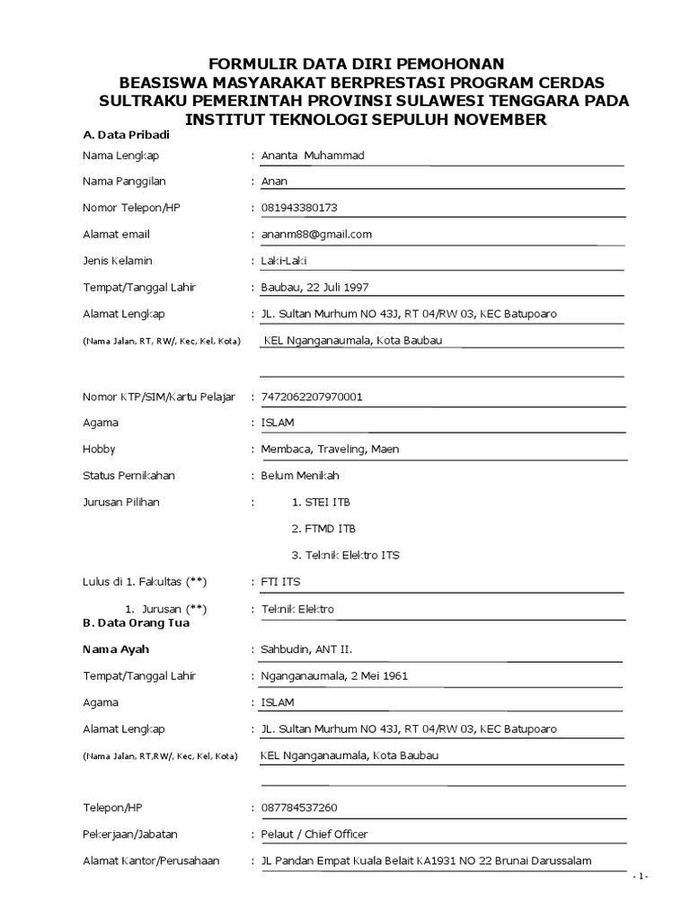 Formulir Pendaftaran Beasiswa Its | PDF