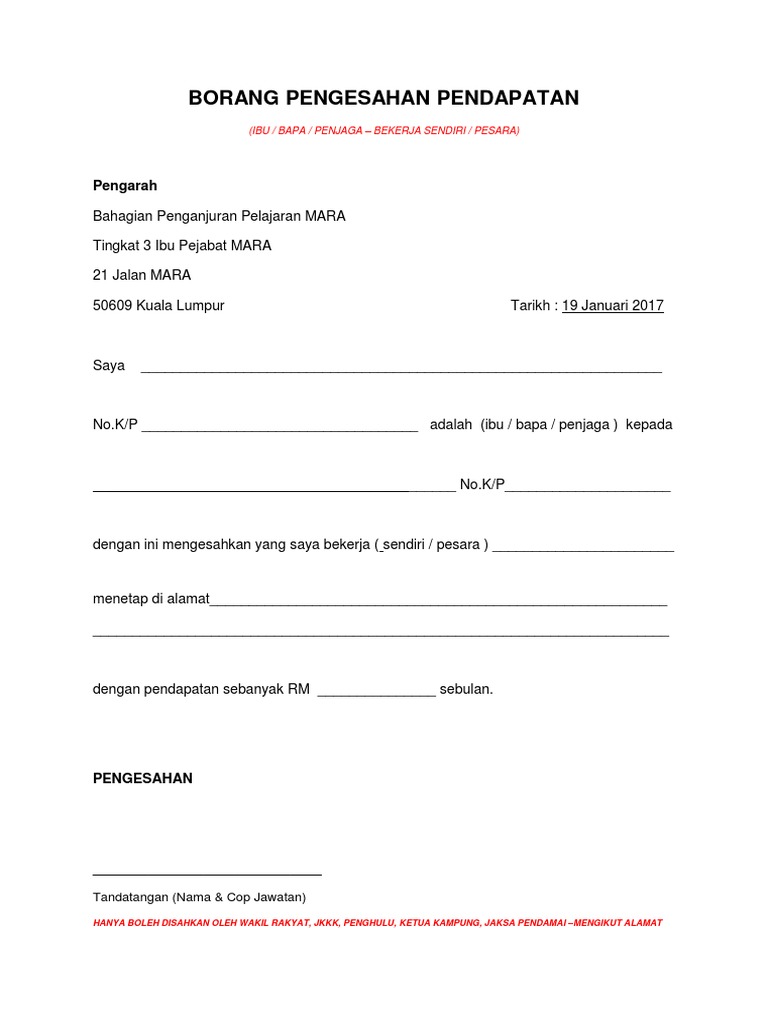 Borang Pengesahan Pendapatan Pdf