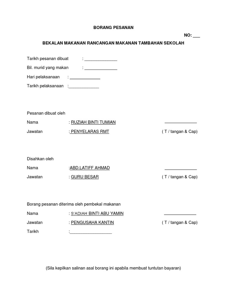 Borang Pesanan RMT | PDF