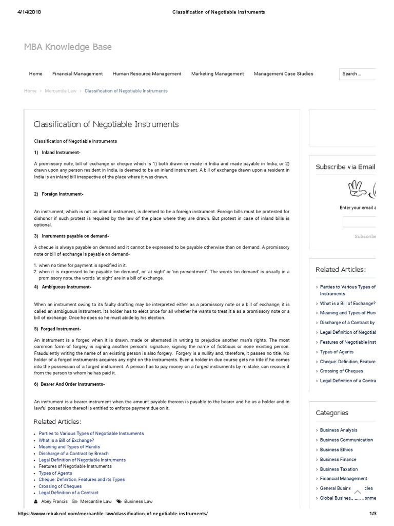 Classification of Negotiable Instruments Guide | PDF | Negotiable ...