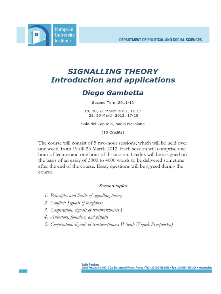 Signalling Theory Introduction and Applications: Diego Gambetta | PDF ...