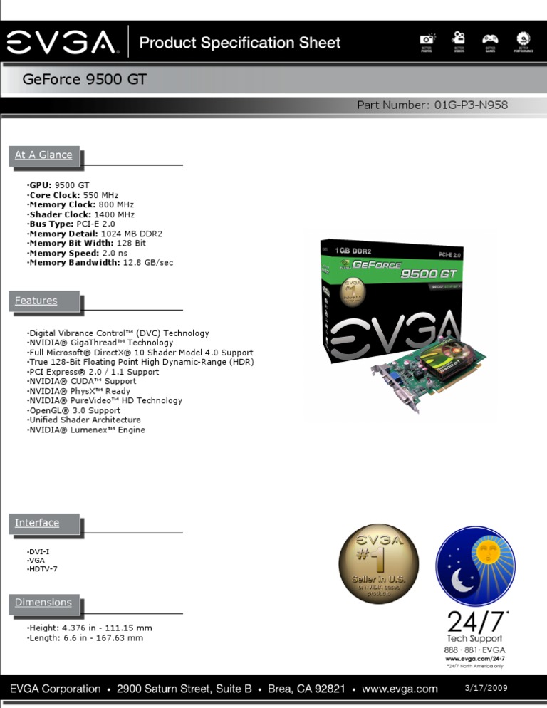 Geforce 9500 GT: Part Number: 01G-P3-N958 | PDF | Business | Computers