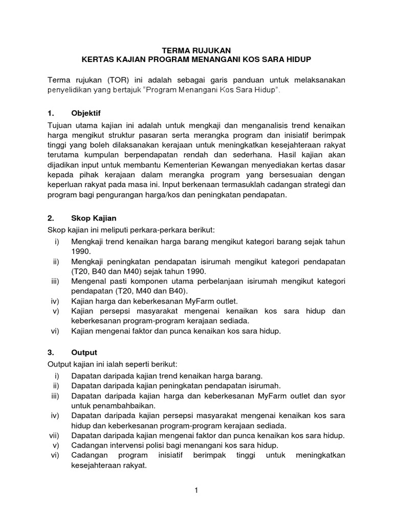 TOR Cost of Living Project UKM (2016) | PDF
